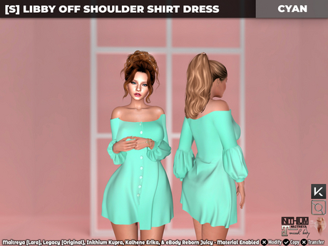 Second Life Marketplace - [S] Libby Off Shoulder Shirt Dress Cyan